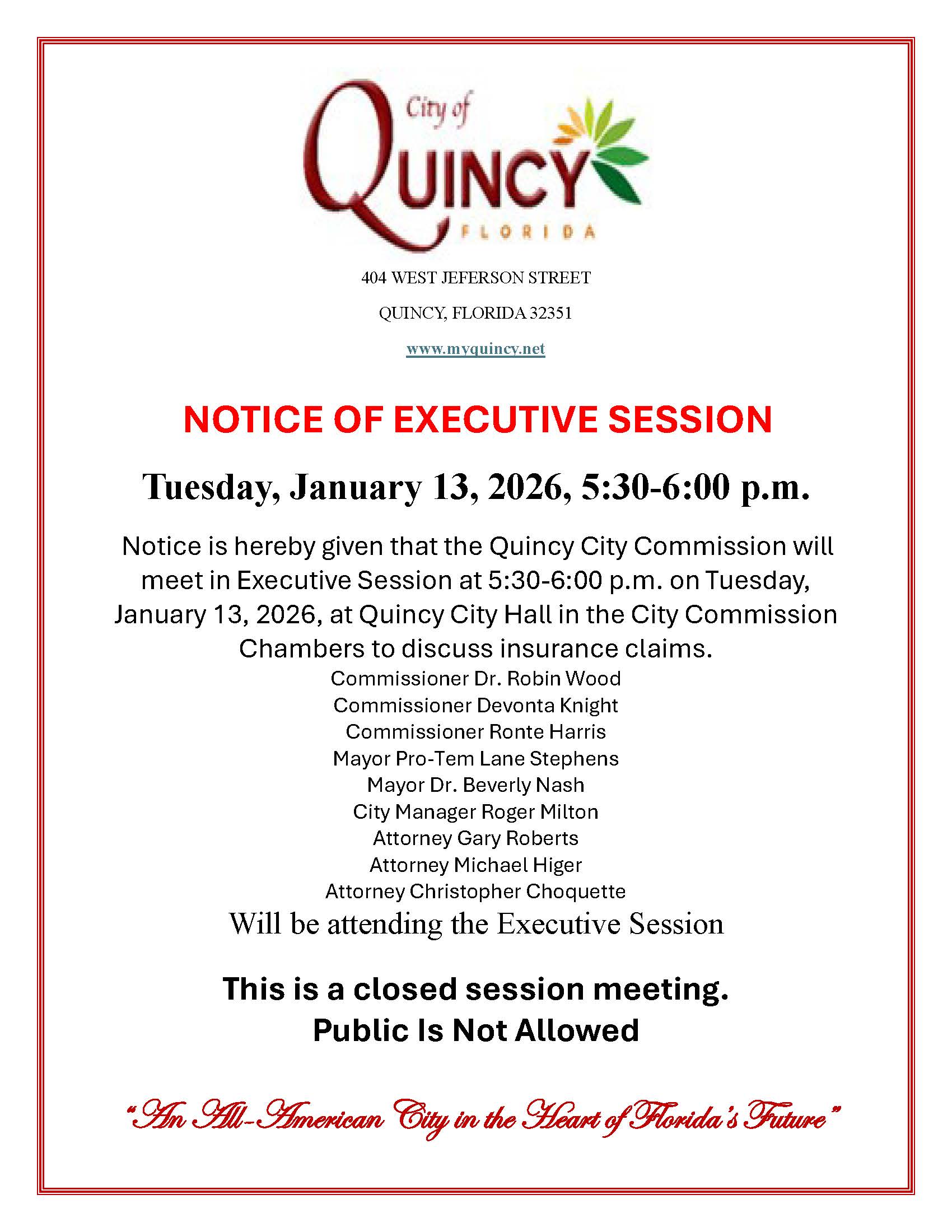 Notice of Executive Session | Quincy, Florida